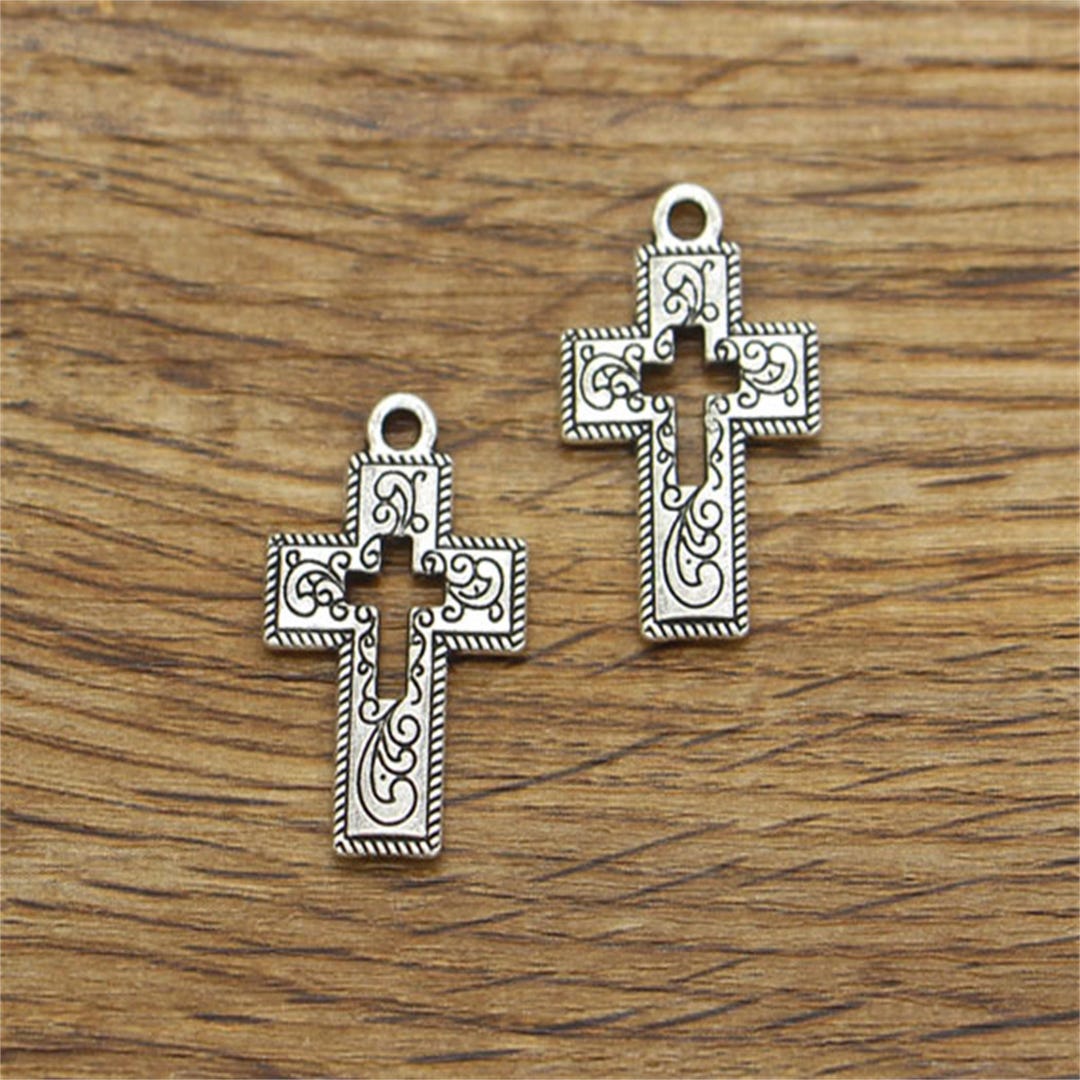 30pcs Cross Charms Religious Charms Double Sided Antique Silver Tone ...