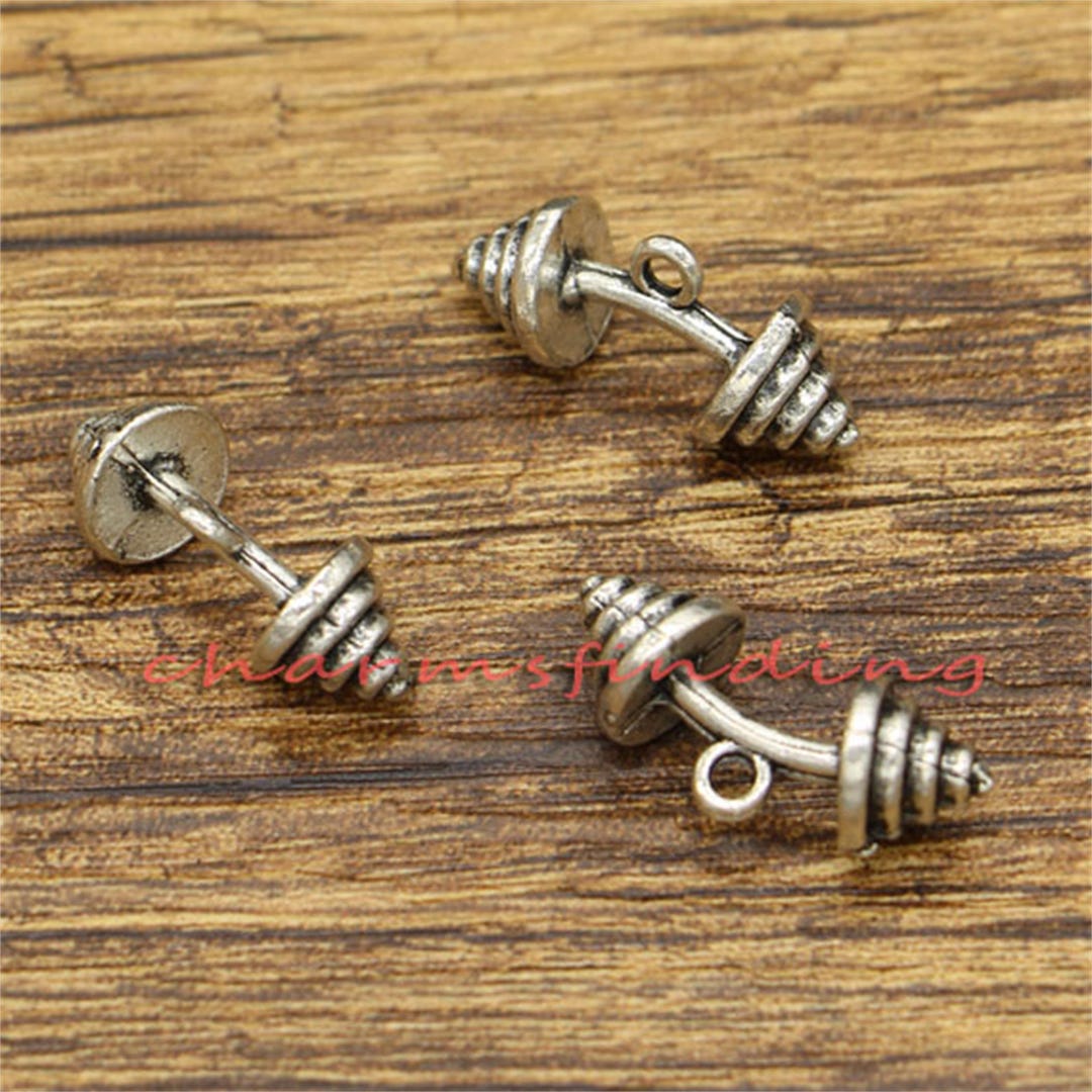 20pcs Barbell Charms 3D Fitness Workout Charm Antique Silver Tone ...