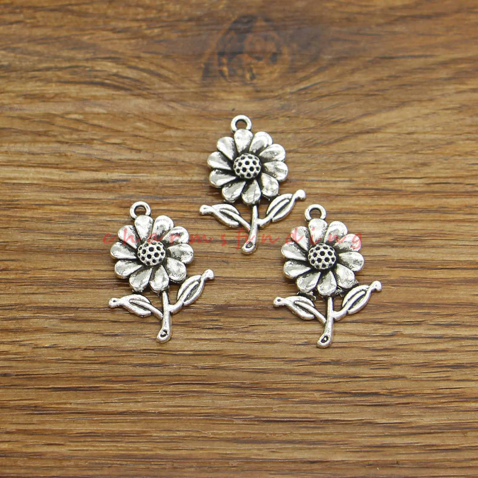 20pcs Flower Charms Sunflower Charms Antique Silver Tone 19x27mm Cf4268 ...
