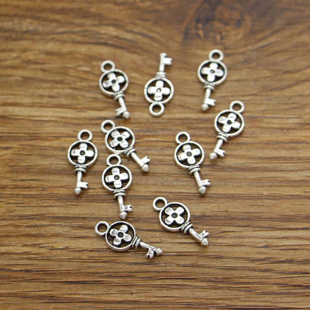 100pcs Flower Key Charms Home Key Charms Heart Key Charm Antique Silver ...