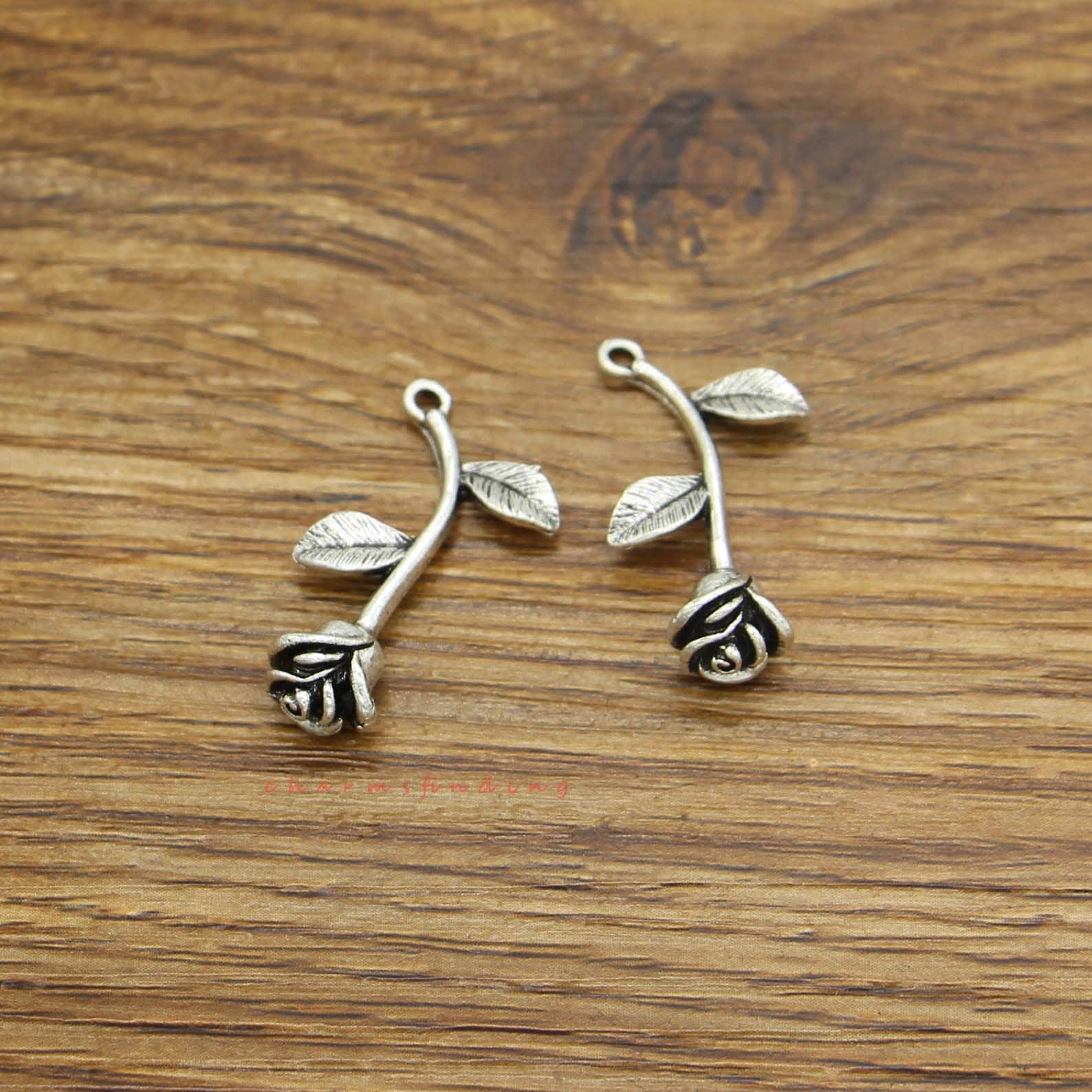 15pcs Rose Flower Charms Floral Charms Antique Silver Tone 29x15mm ...
