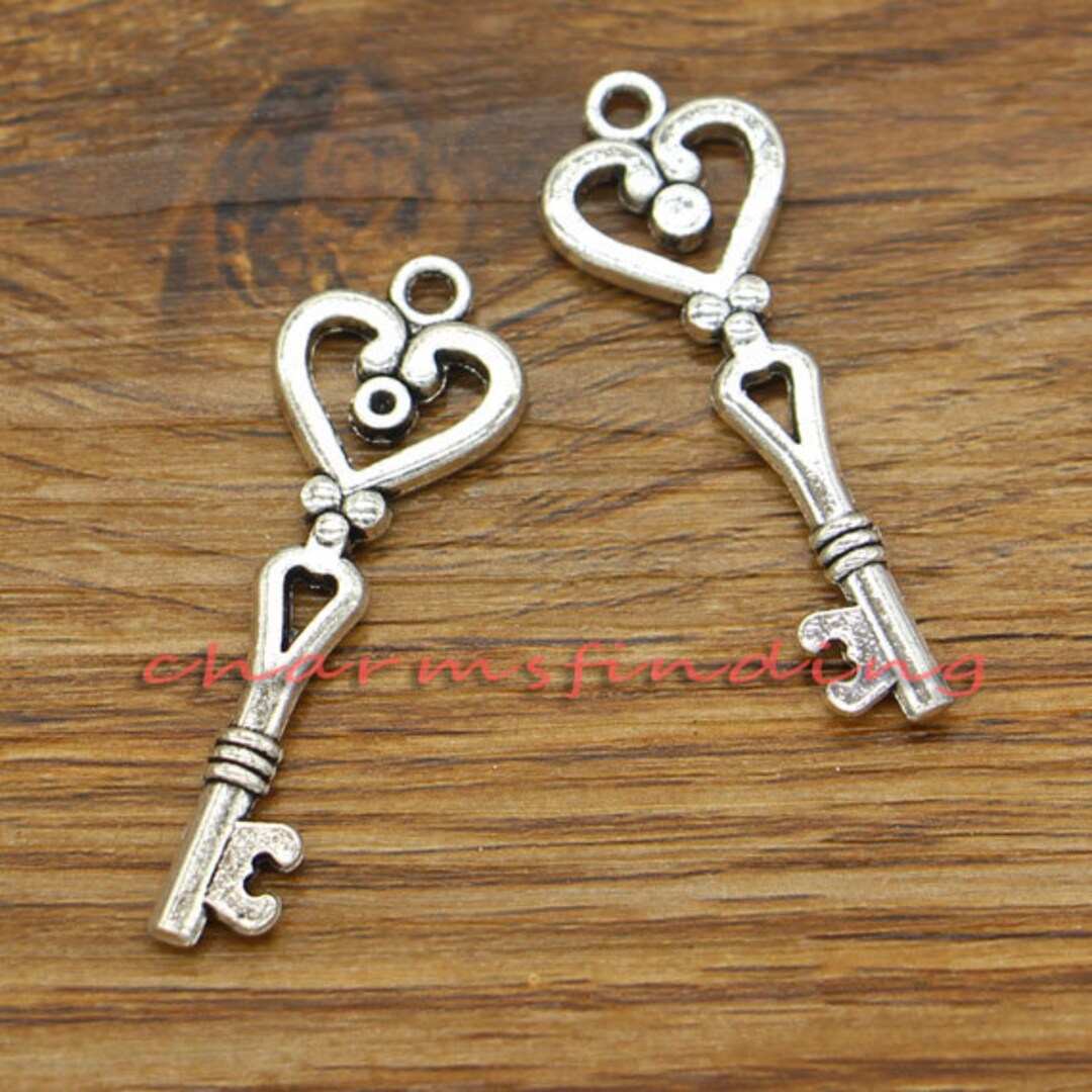 15pcs Large Heart Key Charms Home Heart Key Charms Antique Silver Tone ...