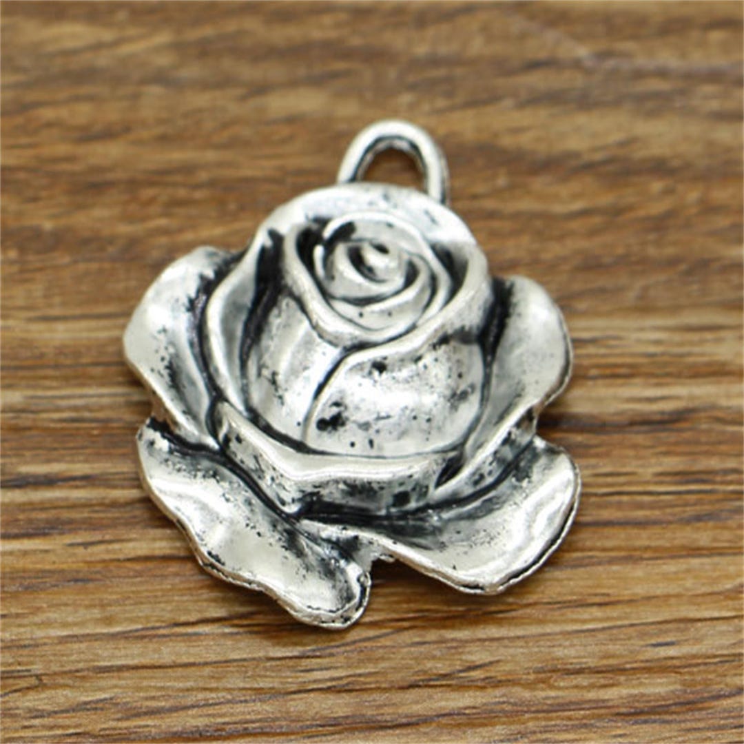 5pcs Large Flower Charms Pendants Rose Charms Antique Silver Tone ...