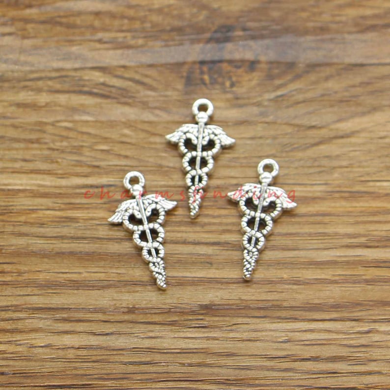 30pcs Caduceus Charms Medical Symbol Charms Antique Silver Tone 14x25mm ...