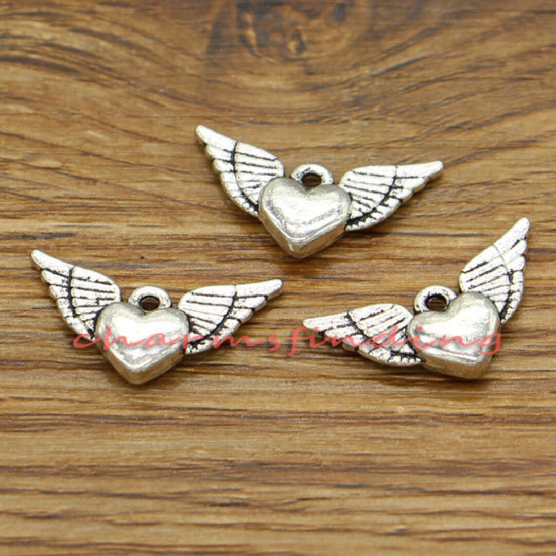 15pcs Winged Heart Charms 2 Sided Angel Wings Charms Antique Silver ...