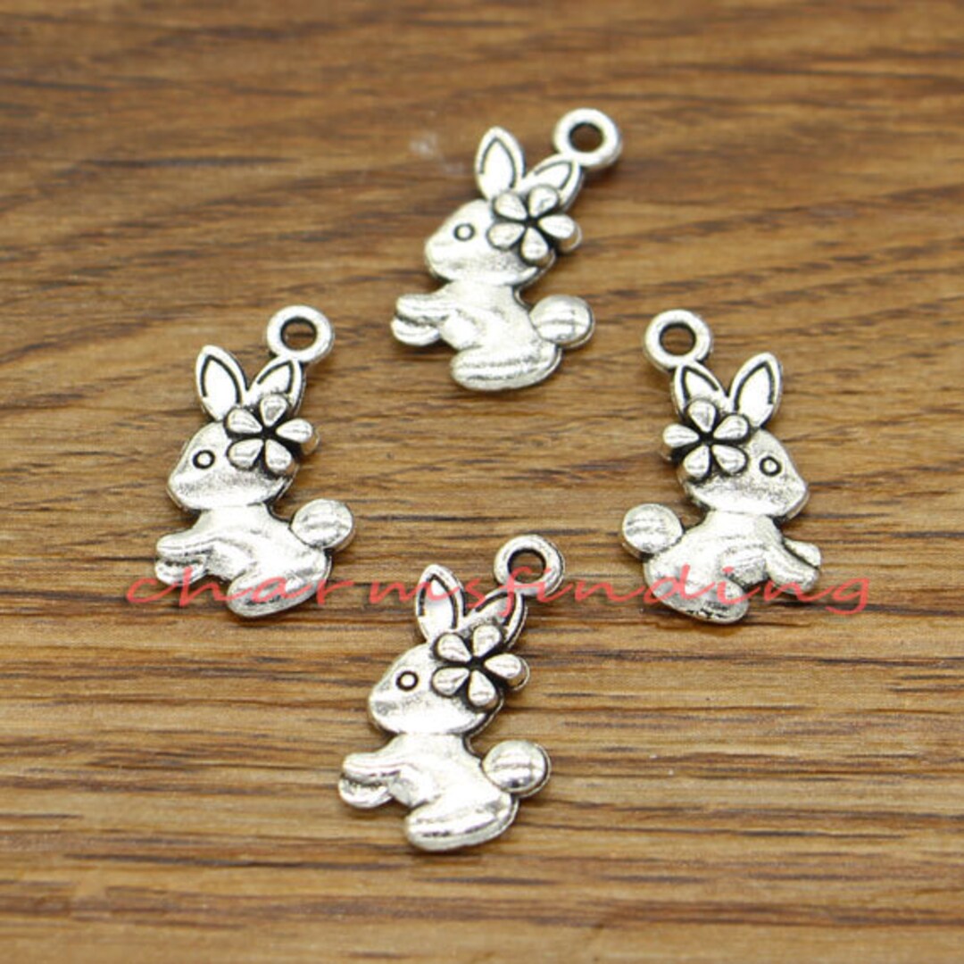 50pcs Bunny Charms Rabbit in Mirror Charms Antique Silver Tone 18x11mm ...