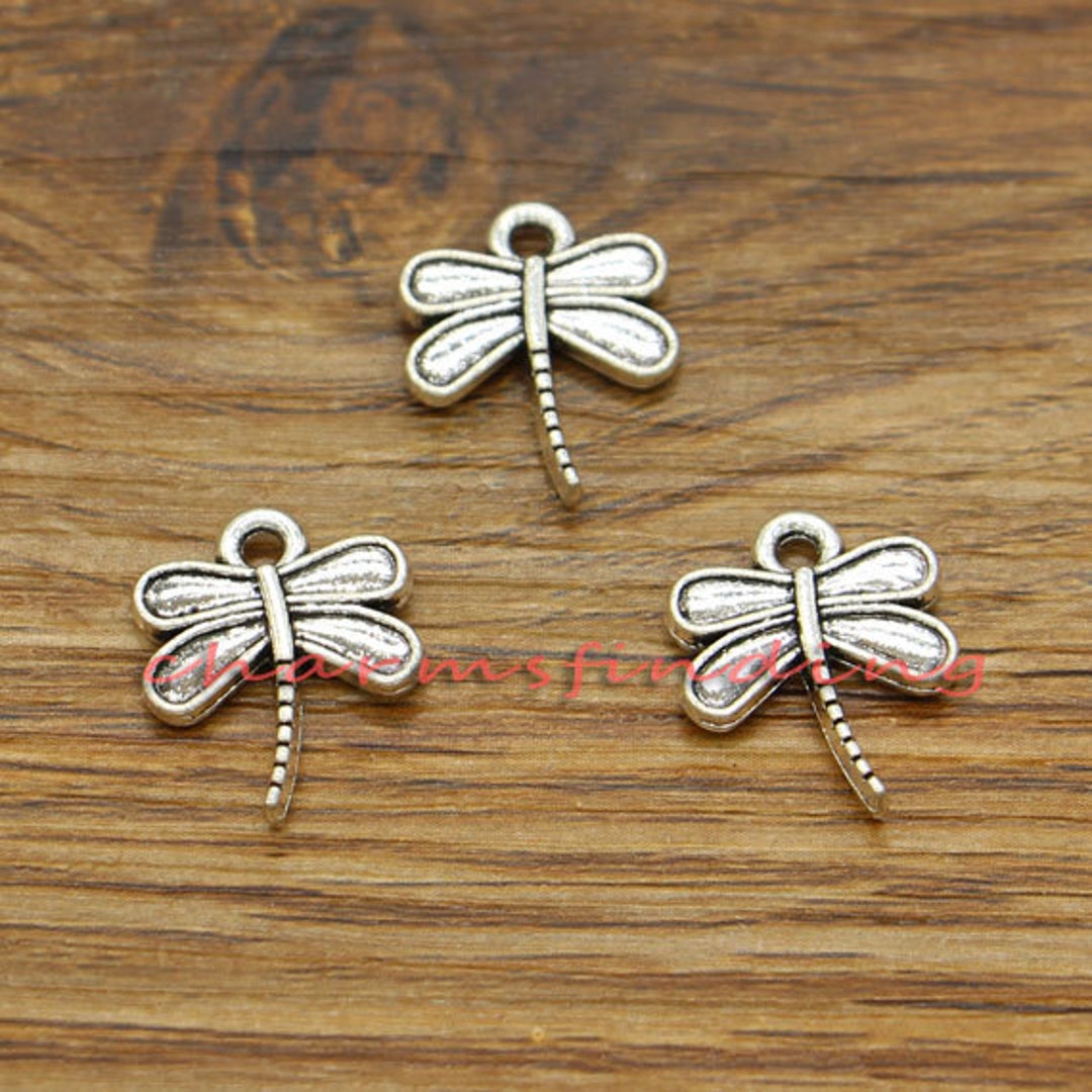 50pcs Dragonfly Charms Insect Charms 2 Sided Charms Antique Silver Tone ...