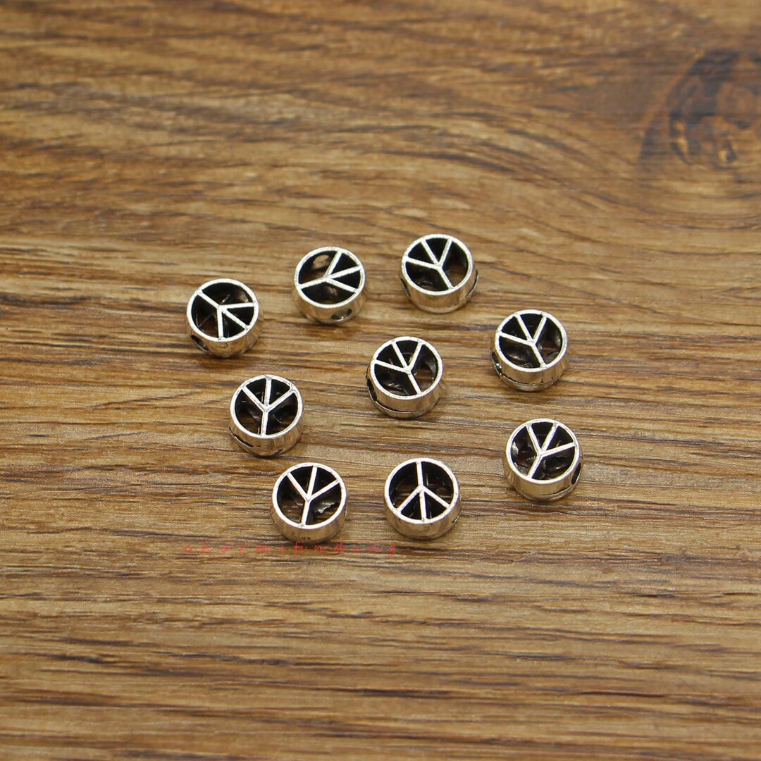 60pcs Small Peace Sign Beads Metal Loose Bulk Beads Antique Silver Tone ...