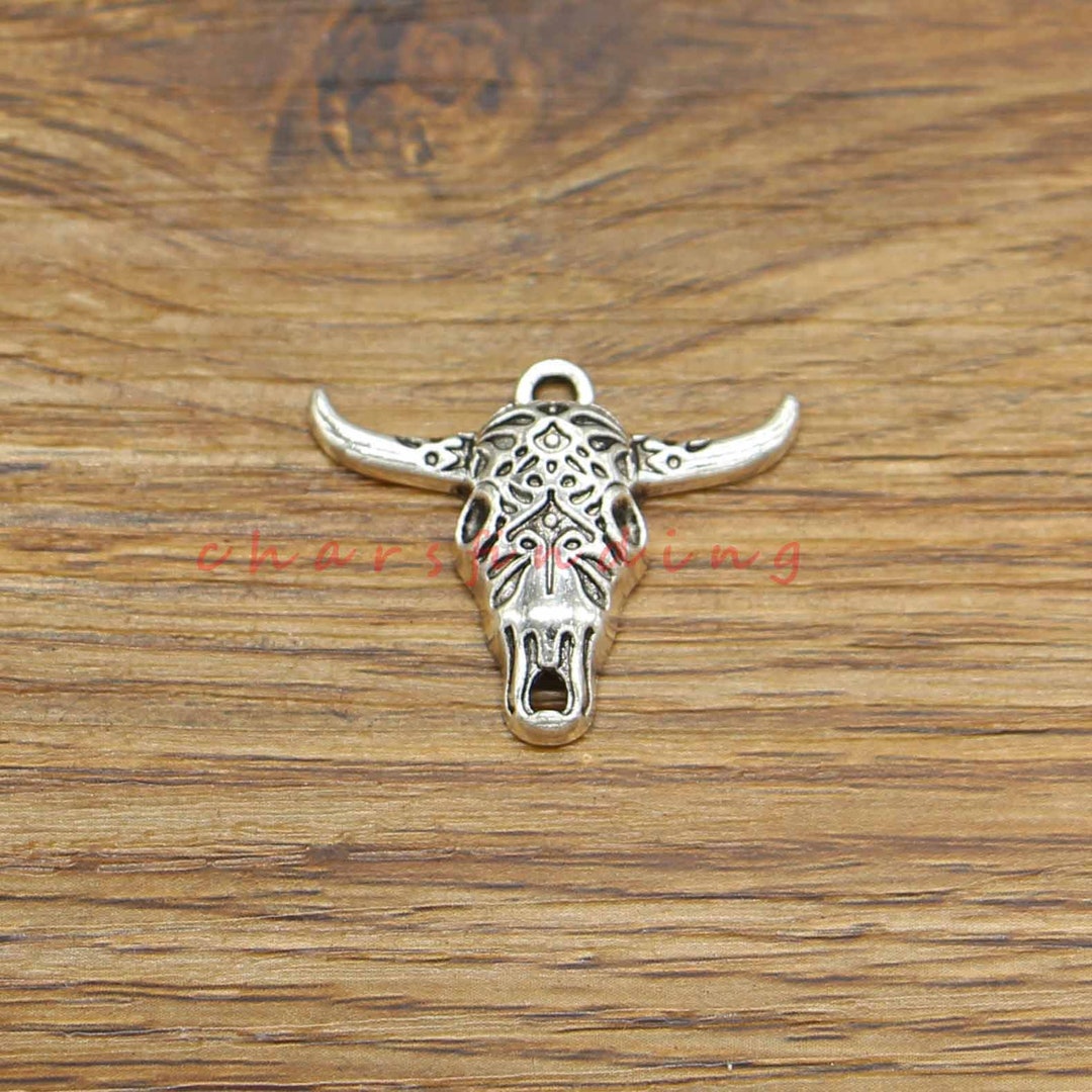 10pcs Longhorn Charms Cattle Skull Buffalo Charms Antique Silver Tone ...
