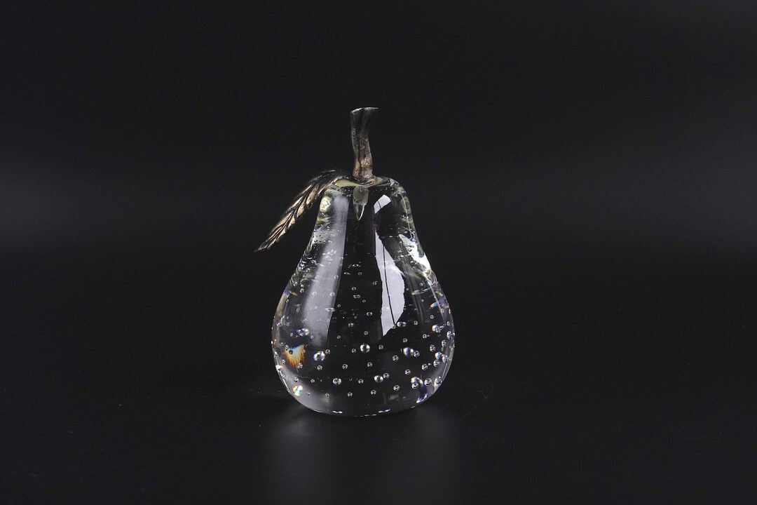 Vintage Pear-shaped Glass Paperweight With Brass Stem and Leaf ...