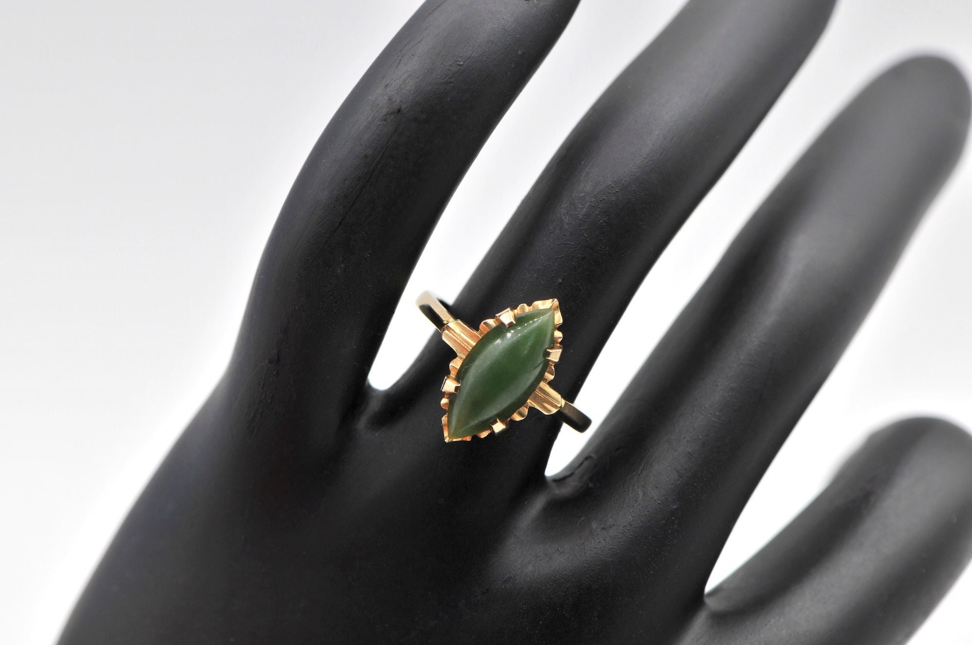 Vintage 10K Yellow Gold Nephrite Jade Ring, Marquise Cut Ladies Ring ...