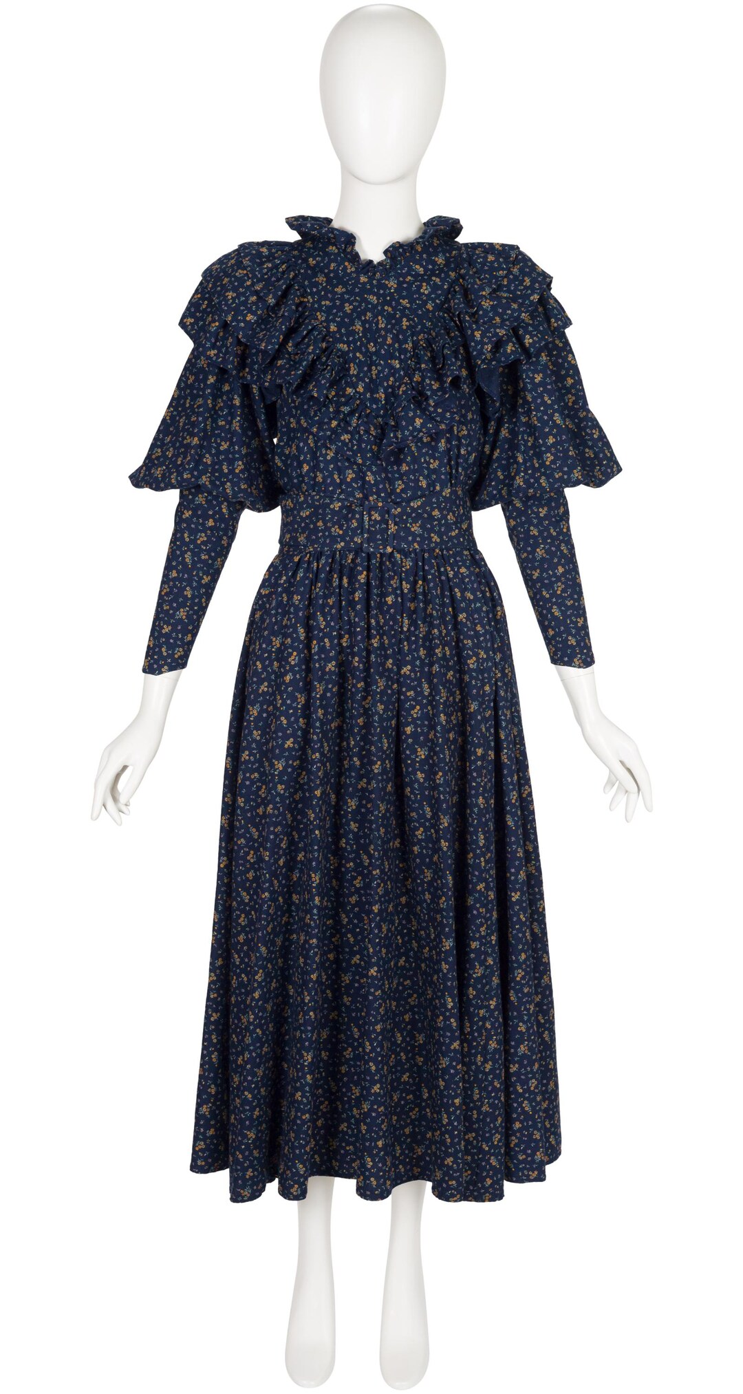 Droopy & Browns 1980s Floral Navy Cotton Ruffle Mutton Sleeve Dress - Etsy
