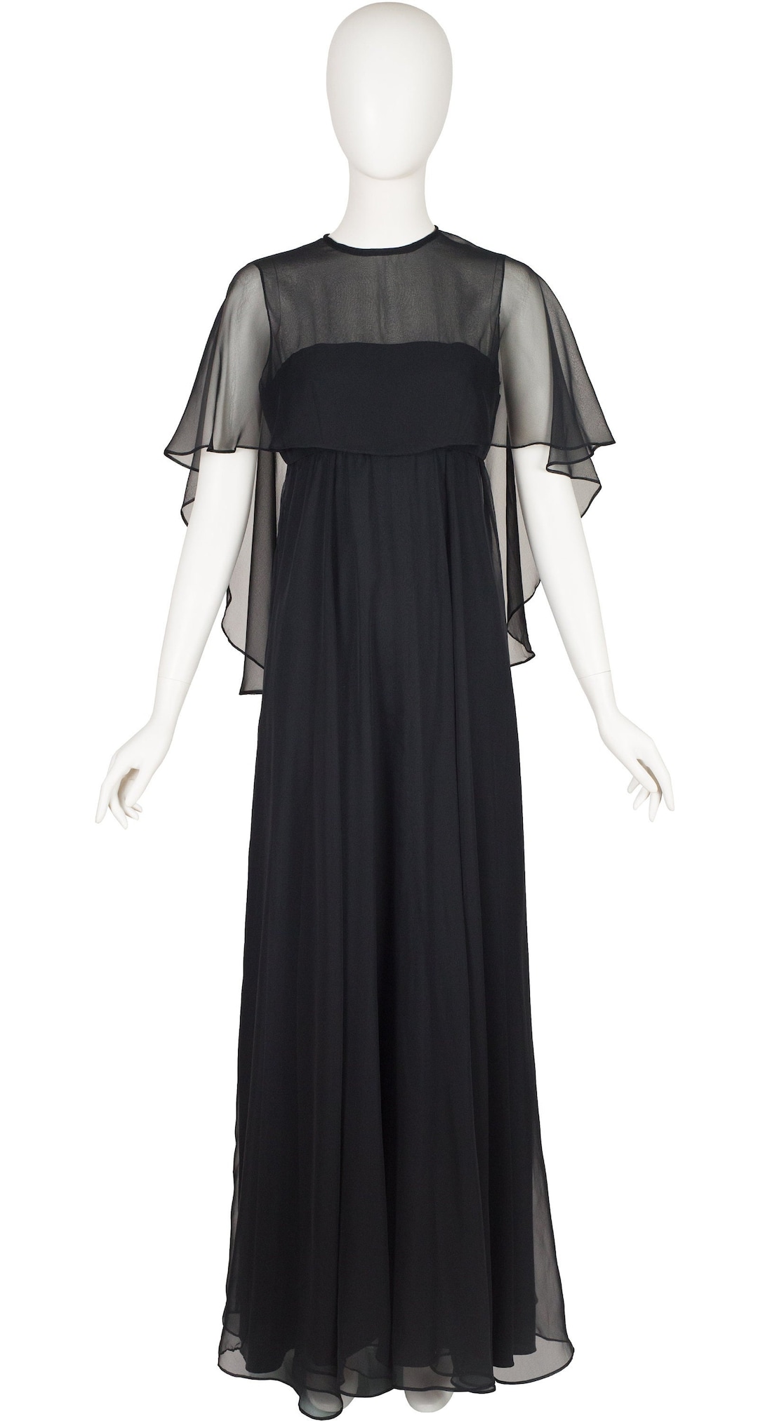 Jean Varon 1970s Vintage Black Chiffon Empire Waist Evening Dress Sz S ...