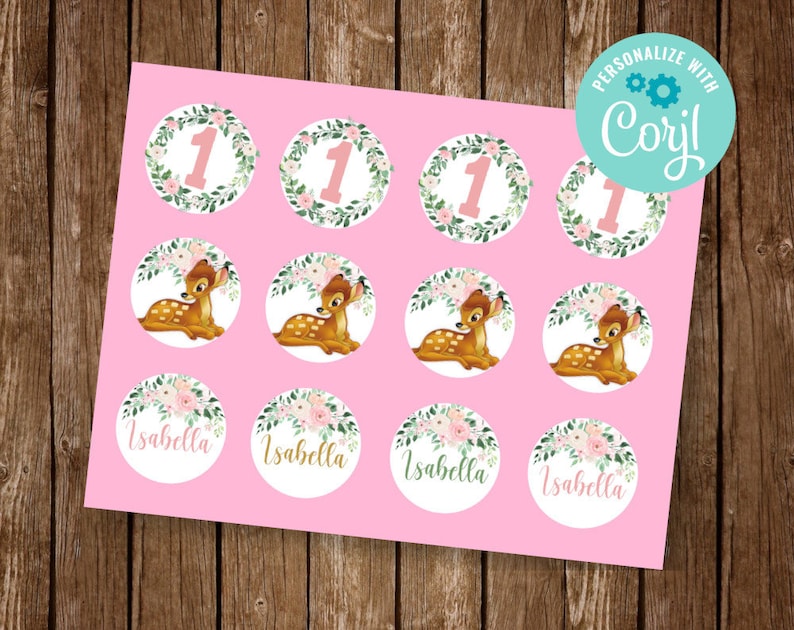 Bambi Cupcake Toppers, Bambi Decor, Floral Cupcake Topper, Deer Cupcake ...