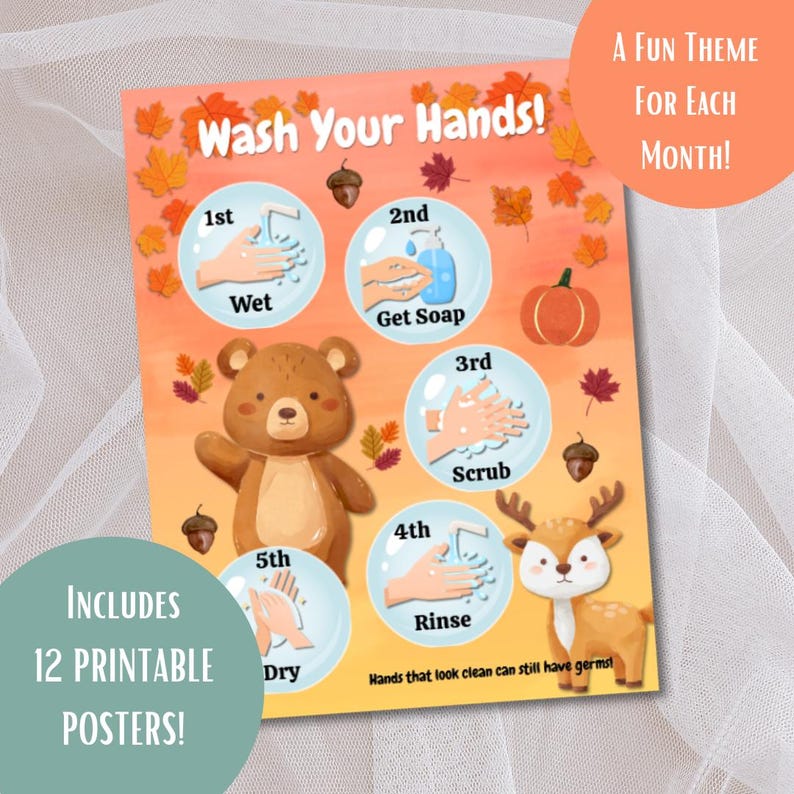 Themed Hand Washing Steps Posters, 12 Month Hand Washing Posters ...