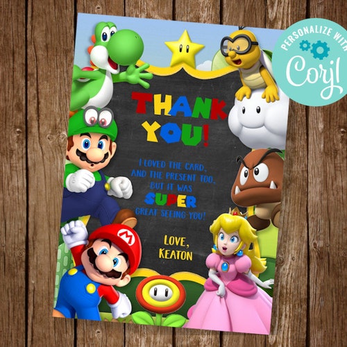 Super Mario Thank You Card Super Mario Birthday Invitation - Etsy