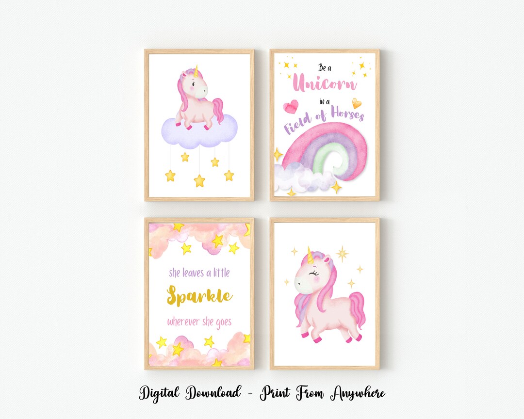 Set of 4 Unicorn Prints, Printable Unicorn Art, Unicorn Playroom Art ...