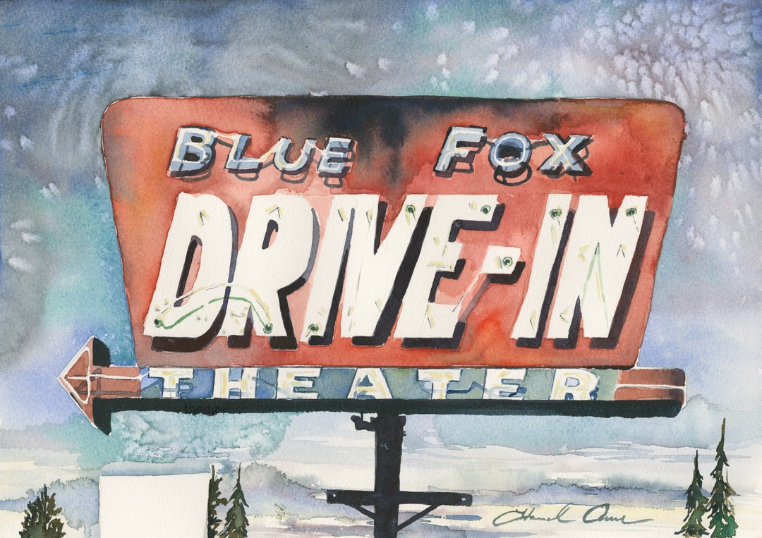 Blue Fox Drive-in Theater, Watercolor Oak Harbor Washington Whidbey - Etsy