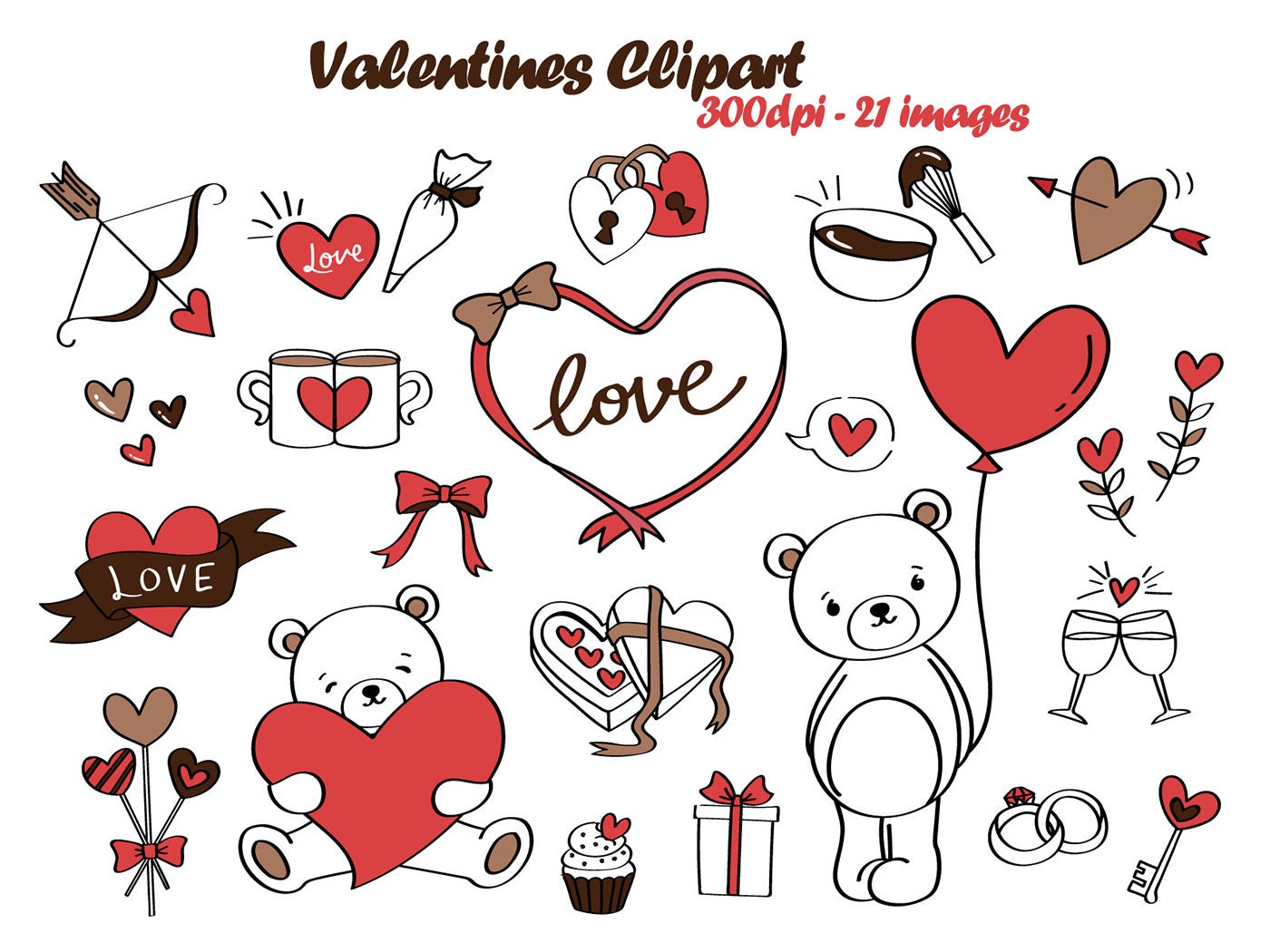 Valentines Cute Clipart Pack , PNG Clipart Graphics, Instant Download ...