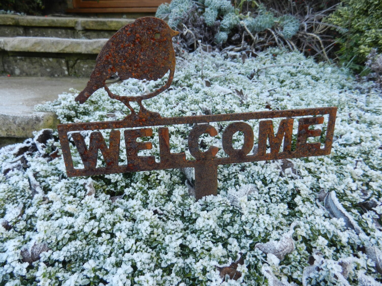 Welcome Sign With Robin Garden Decoration / Rusty Metal - Etsy