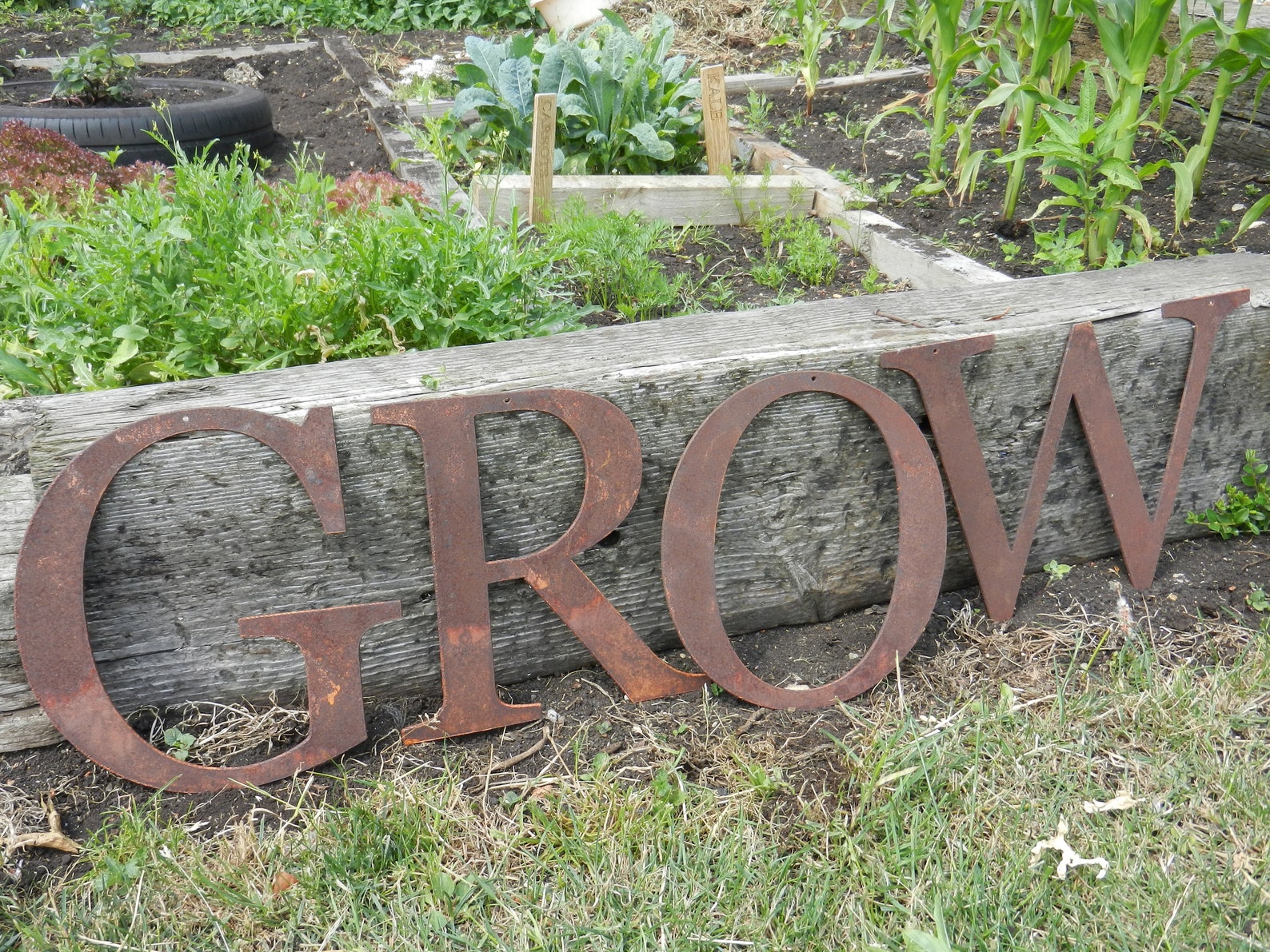 Rusty Metal Wall Letters / Rusty Letters Sign / GROW Garden Wall Decor ...
