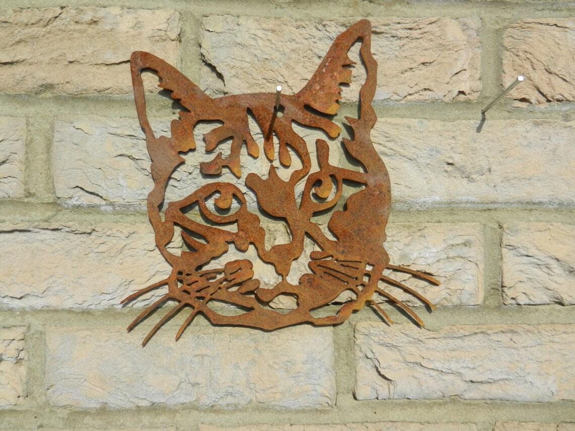 Cat Face Decor / Metal Cat Gift Garden Decor / Rusty Metal Cat Garden ...