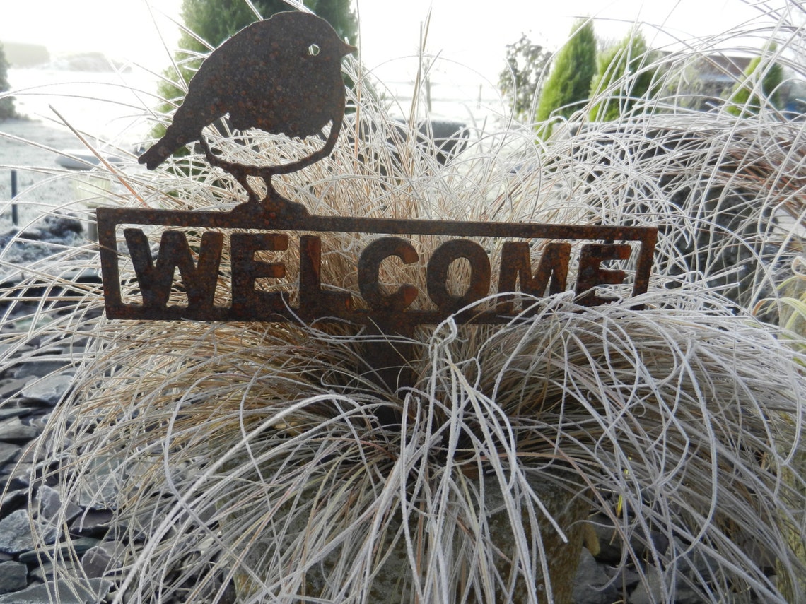 Welcome Sign With Robin Garden Decoration / Rusty Metal - Etsy