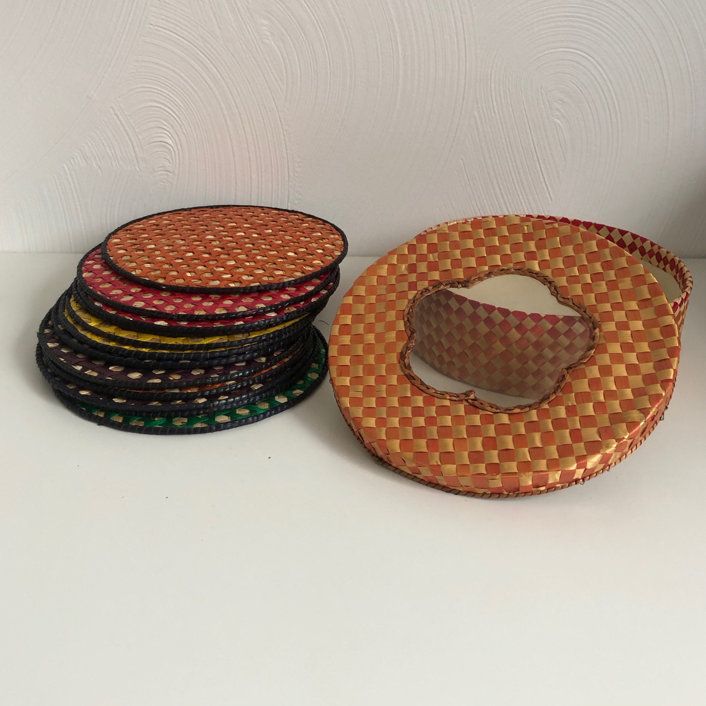 Basket With Twelve Woven Straw Multicolor Trivets - Etsy