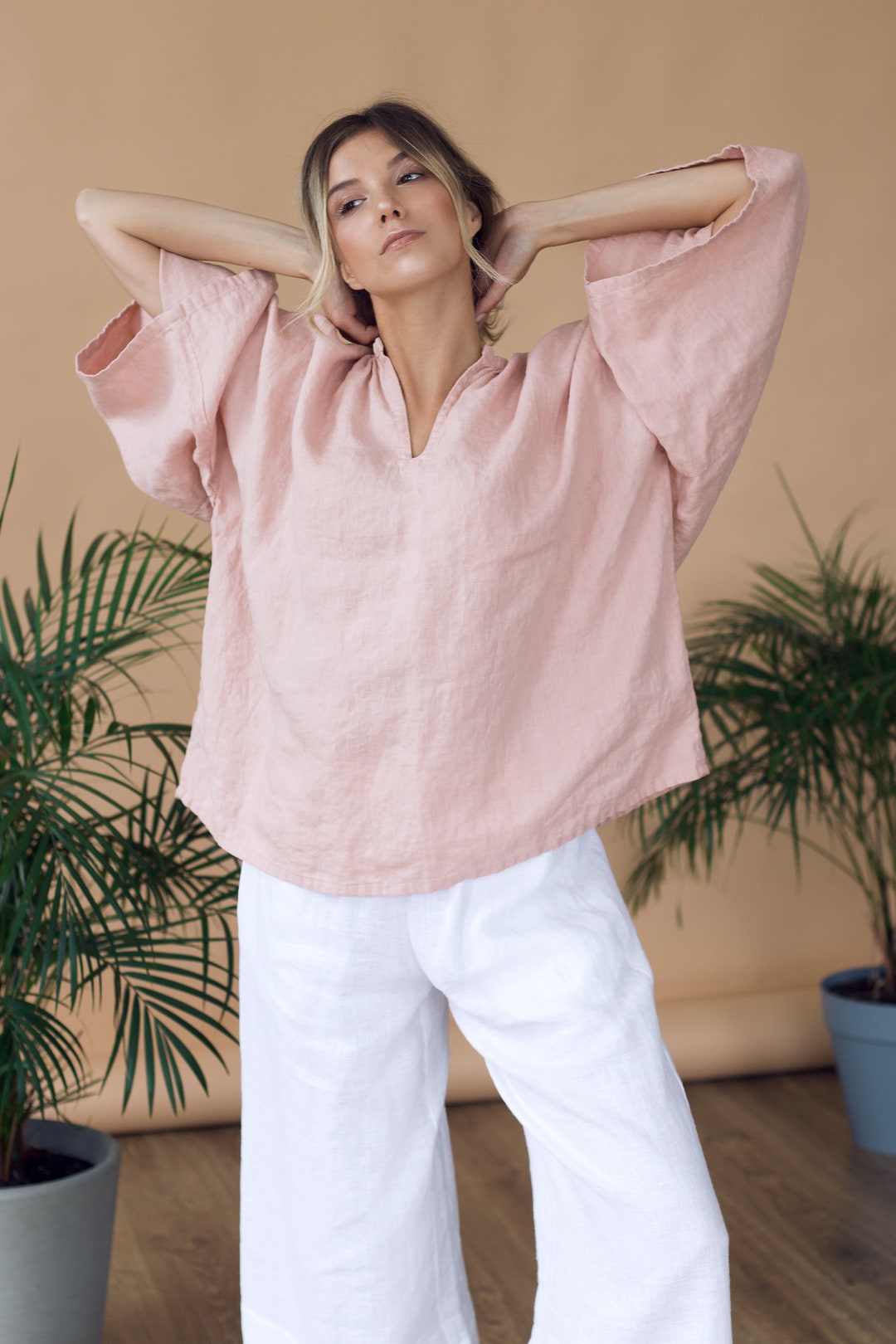 Leinen Top mit geschlitztem Ausschnitt, Leinen Tunika, Leinenhemd ...