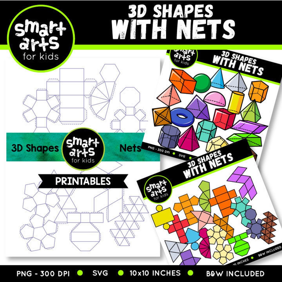 Math 3d Shapes With Nets Clip Art Bundle Cartoon 3dnets | Etsy UK
