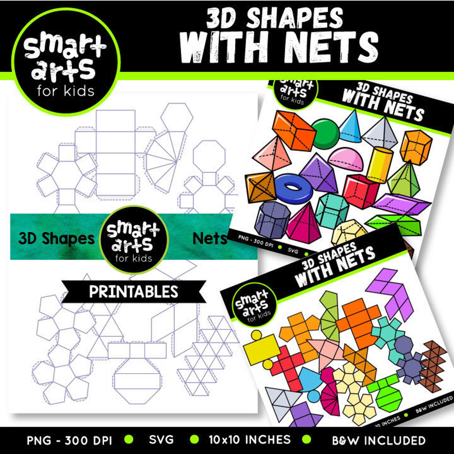 Math 3d Shapes With Nets Clip Art Bundle Cartoon 3dnets - Etsy
