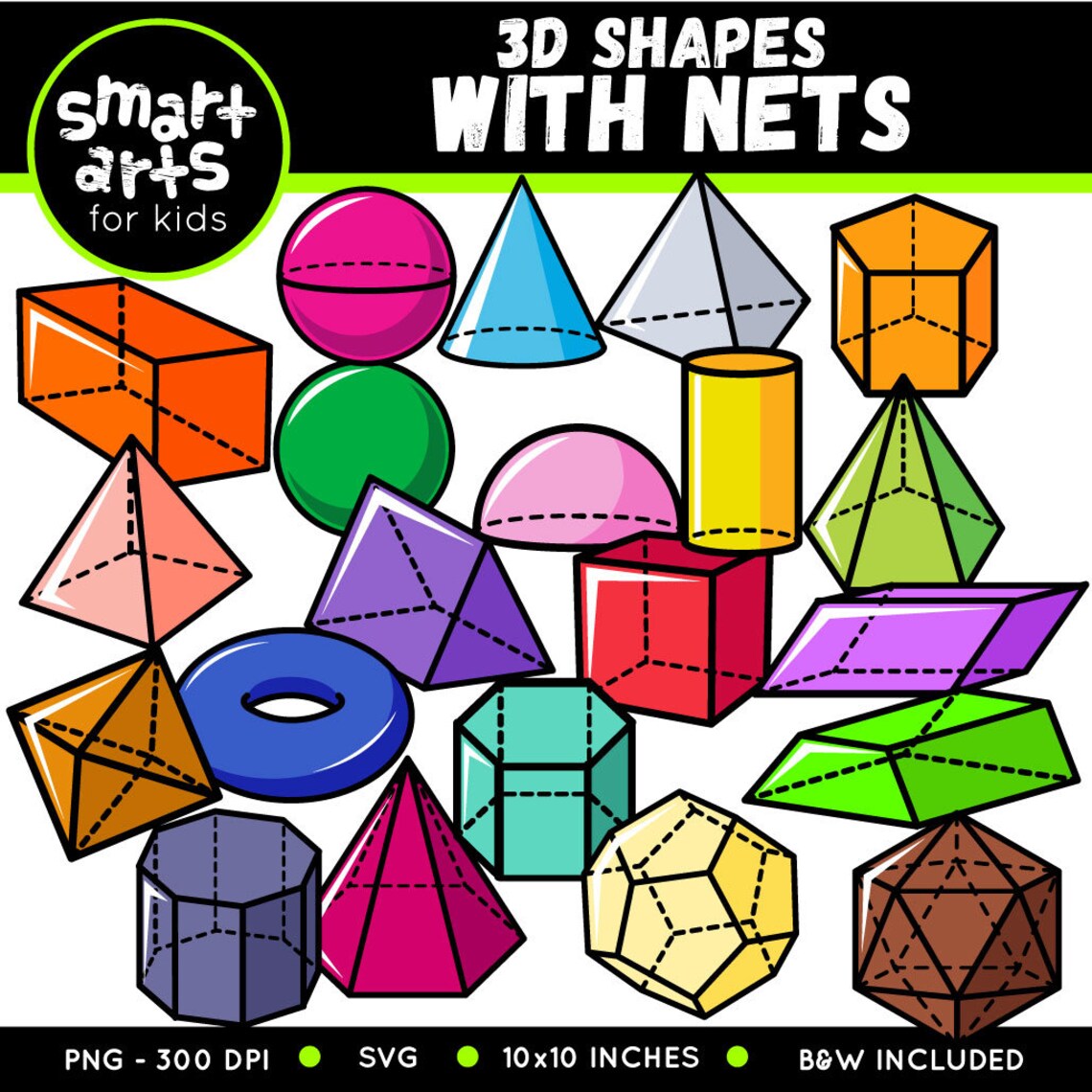 Math 3d Shapes With Nets Clip Art Bundle Cartoon 3dnets | Etsy UK
