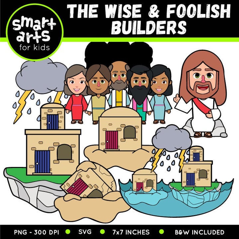 The Wise and Foolish Builders Clipart Bible Based Bible - Etsy