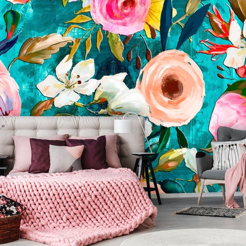 Flowers Turquoise Background Wallpaper Modern Wall Decor Art - Etsy