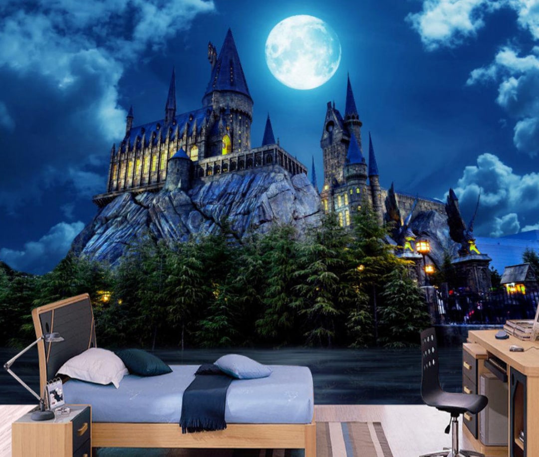 Magic Dark Night Castle Wallpaper Big Moon Kids Wall Decor Fantasy ...