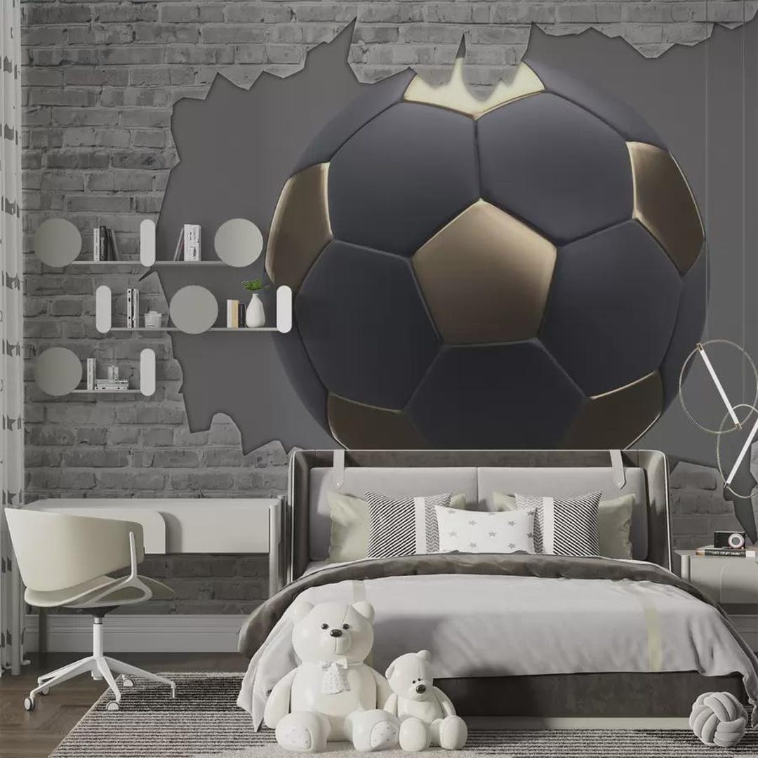 3D Soccer Ball Wallpaper Mural: Kids Sports Room Decor, Self-adhesive ...