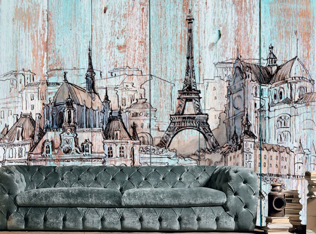 Drawn Paris Wallpaper Modern Wall Decor Eiffel Tower Old City Wall ...