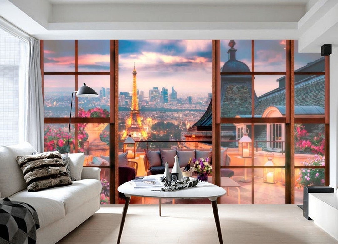 Paris View Wallpaper With Eiffel Tower Panoramic Cityscape Wall Mural ...