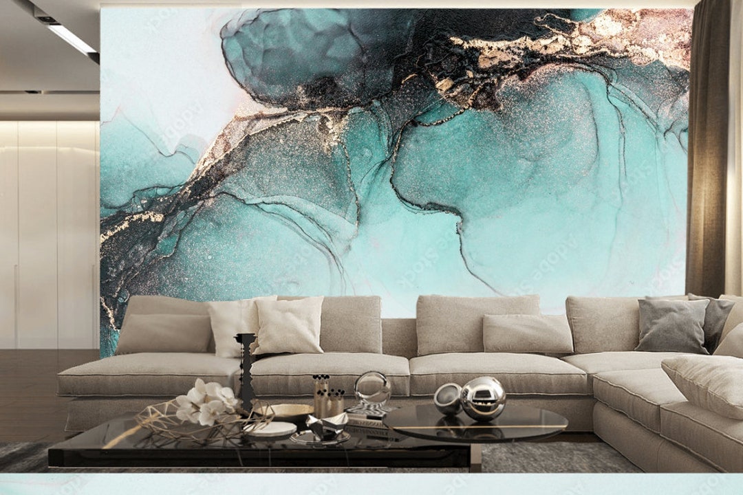 Turquoise Gold Fluid Art Modern Photo Wallpaper Abstract Large Wall ...