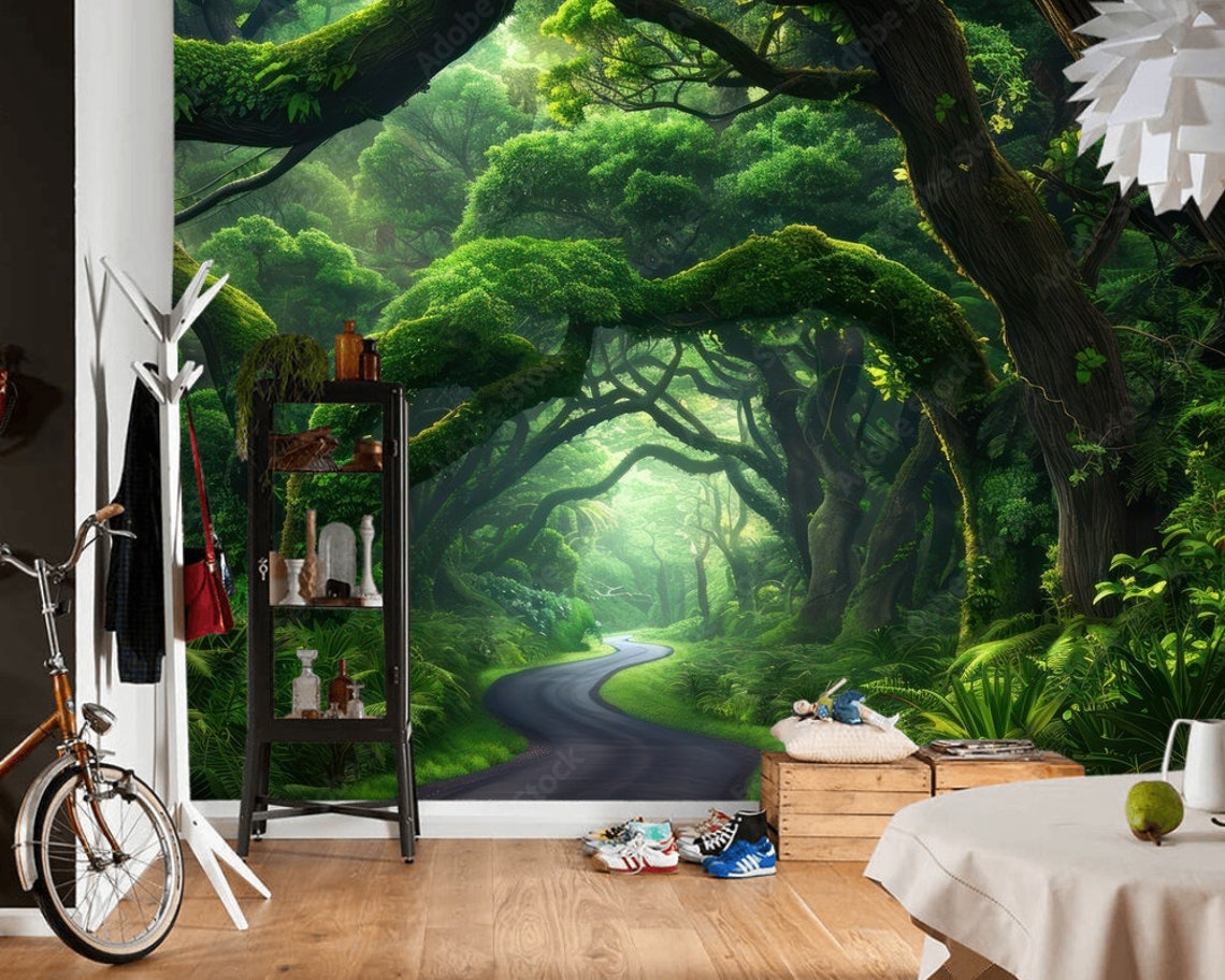 Enchanted Forest Road Vinyl Wallpaper Mural: Mystical Green Nature ...
