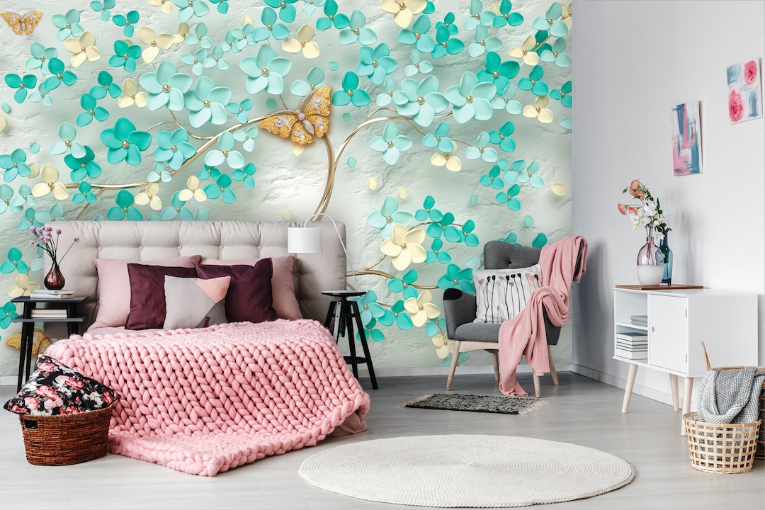 Blooming Tree Butterfly Vinyl Wallpaper: Turquoise Floral Nursery Mural ...