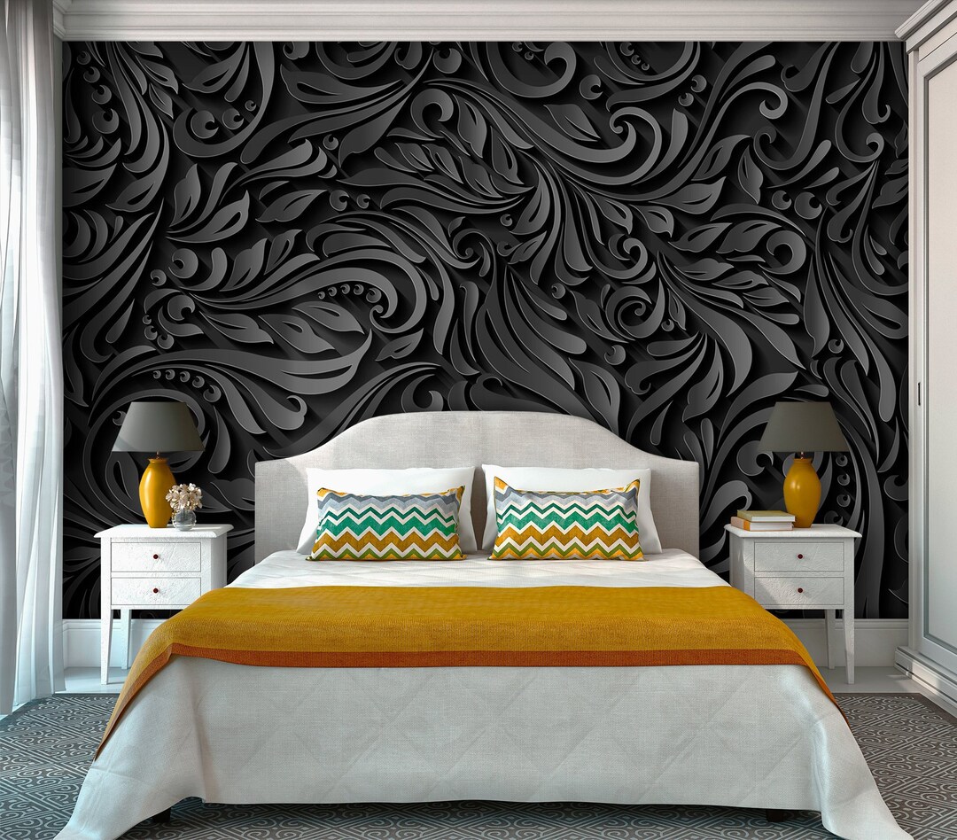 Black Tracery Photo Wallpaper Home Decor Pattern Black Mural Dark Color ...