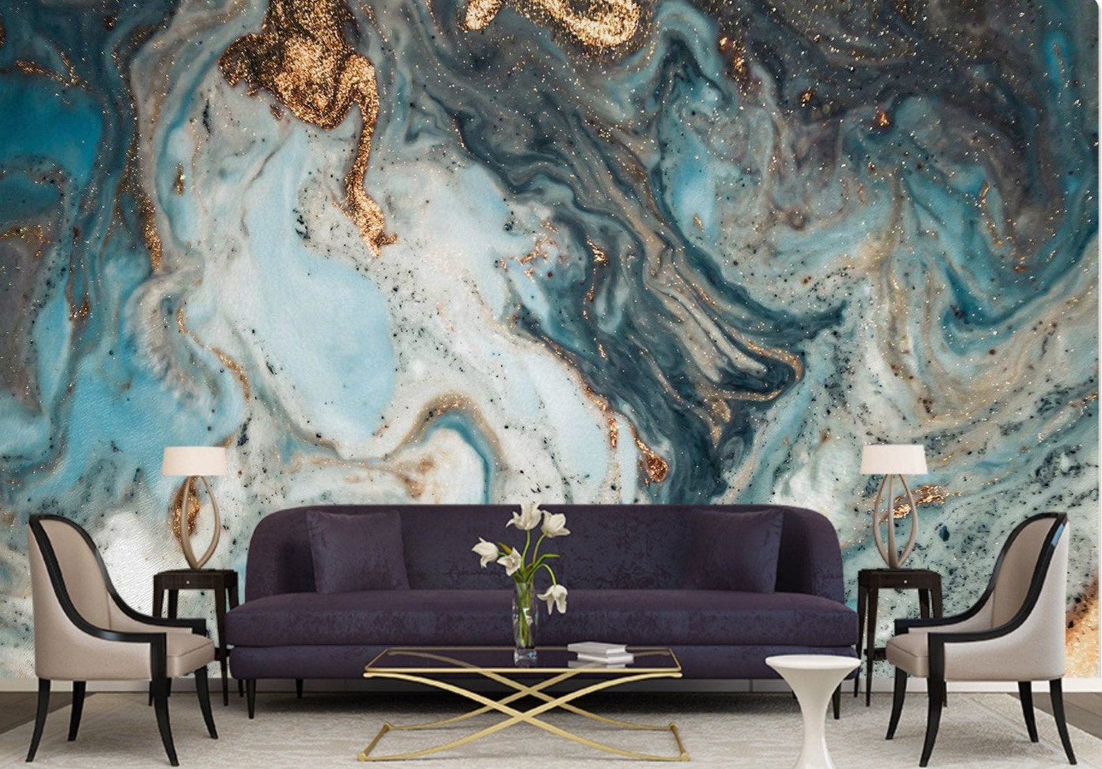 Blue Whaite Gold Turquoise Marble Wallpaper Modern Wall Decor - Etsy UK