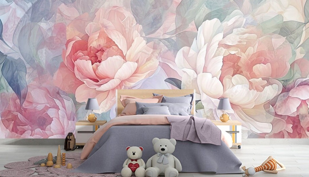 Watercolor Painbow Pastel Colors Flowers Peonies Wallpaper Modern Wall ...