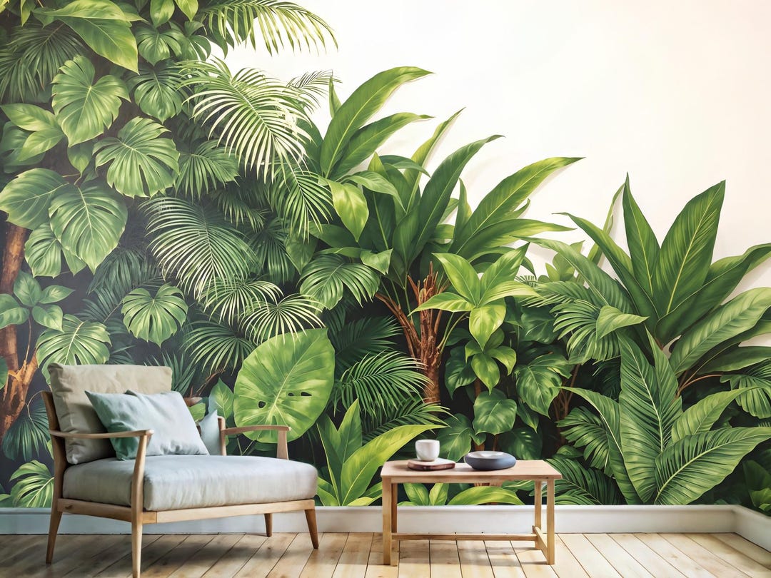 Mural of Green Tropical Rainforest Foliage Modern Wall Decor Photo ...