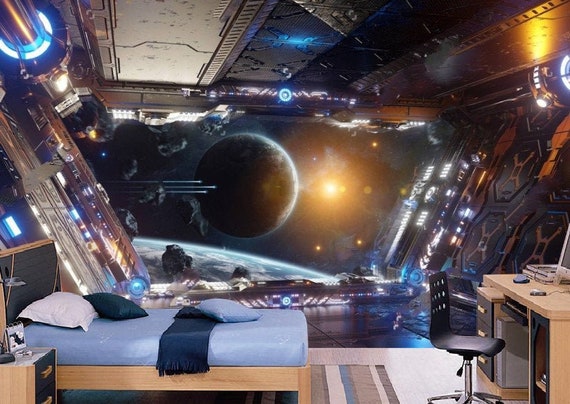 Spaceship Planet Wallpaper Modern Wall Decor Space Fantasy | Etsy