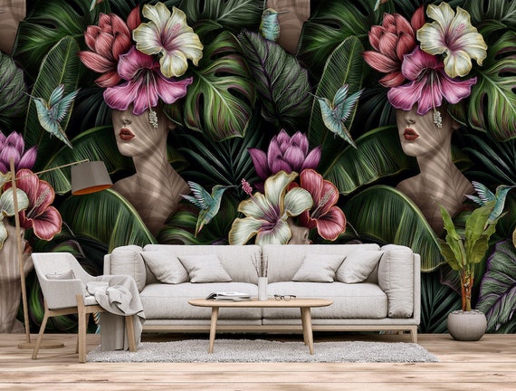 Exotic Tropical Drawing Woman Faces Monstera Banana Leaves | Etsy