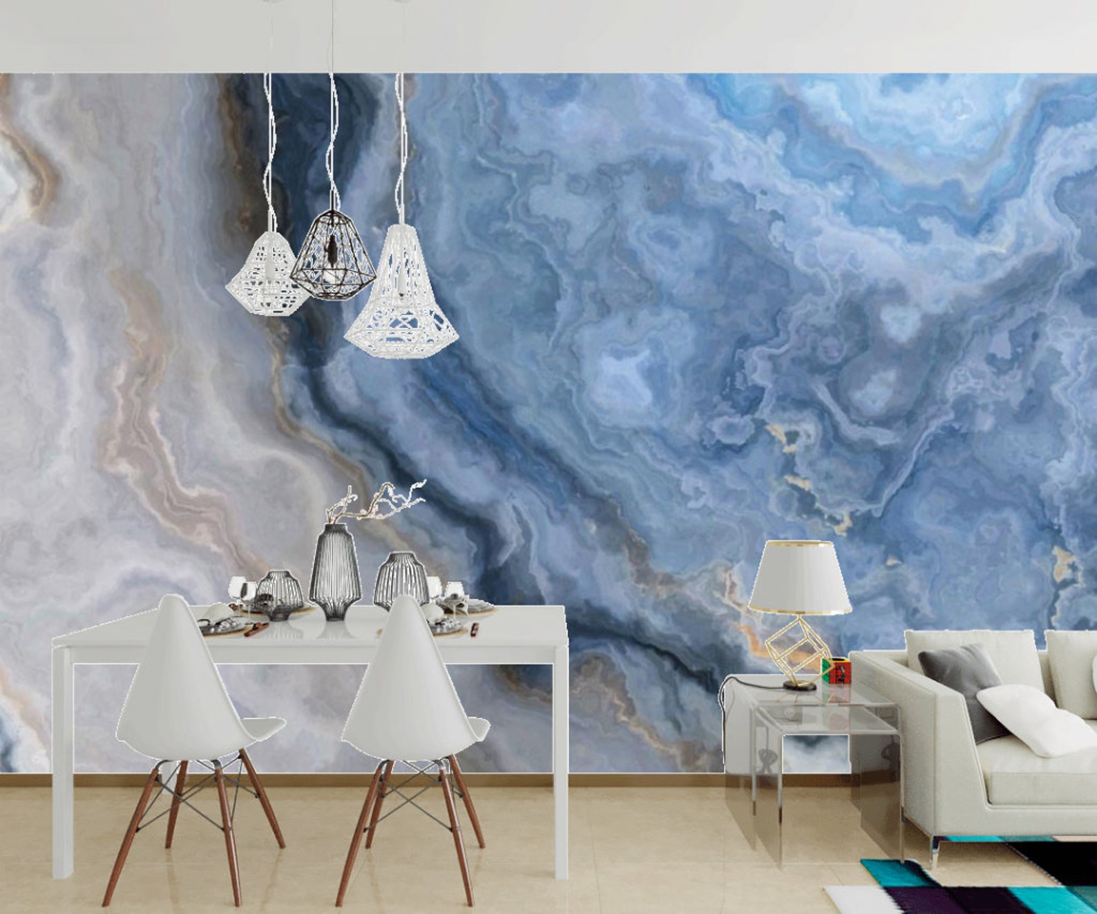 Blue Waite Waves Marble Vinyl Wallpaper Modern Wall Decor Large Wall ...