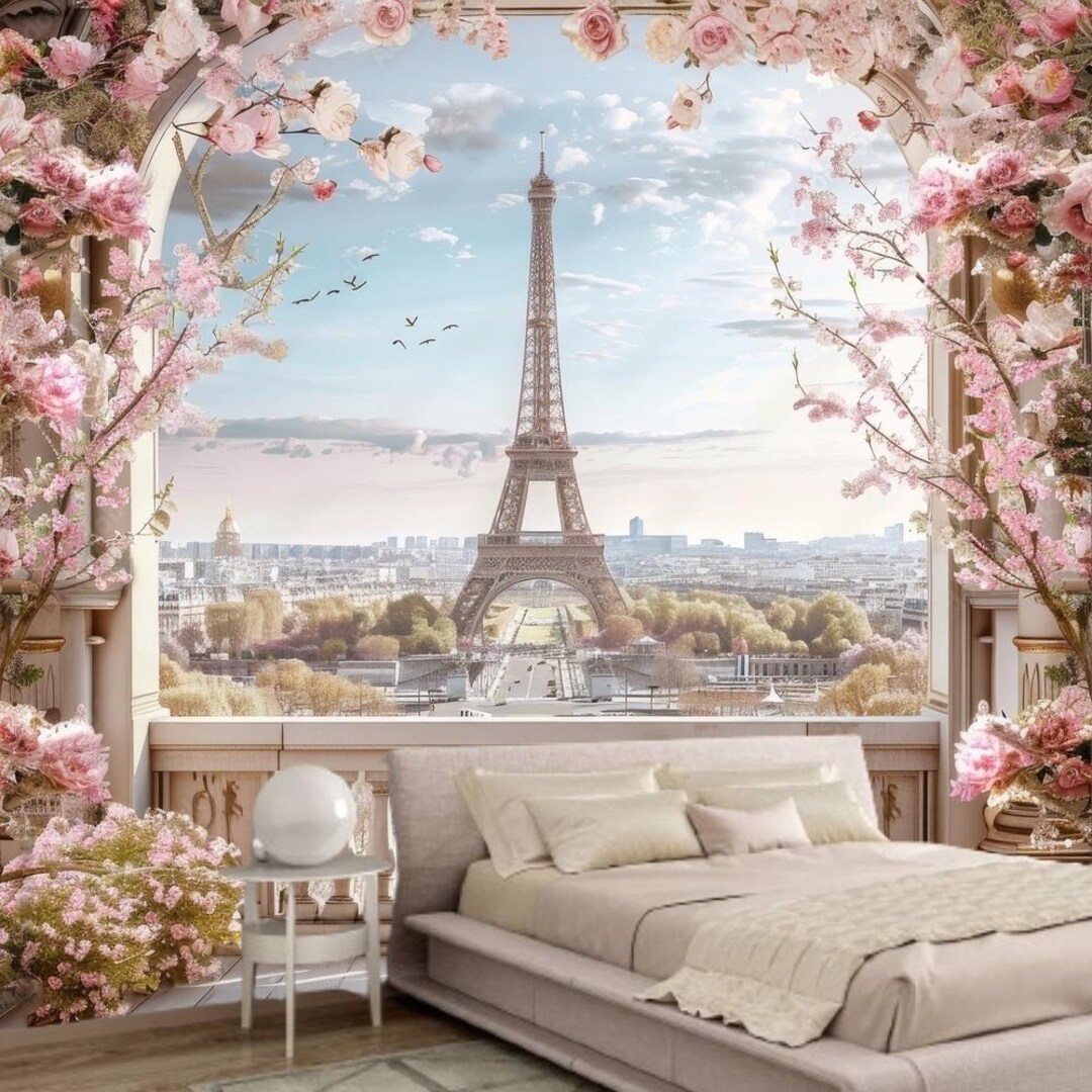 Eiffel Tower View Wallpaper: Pink Floral Parisian Balcony Wall Mural - Etsy