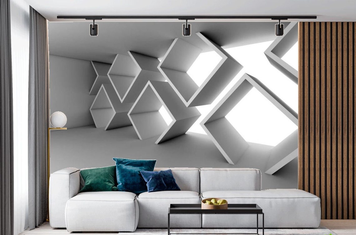 3D Illusion Gray Wall Geometric Wallpaper Modern Wall Decor | Etsy